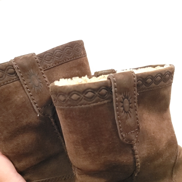UGG | Shoes | Ugg Embroidered Trim Winter Boots Chestnut Brown Mid Calf ...